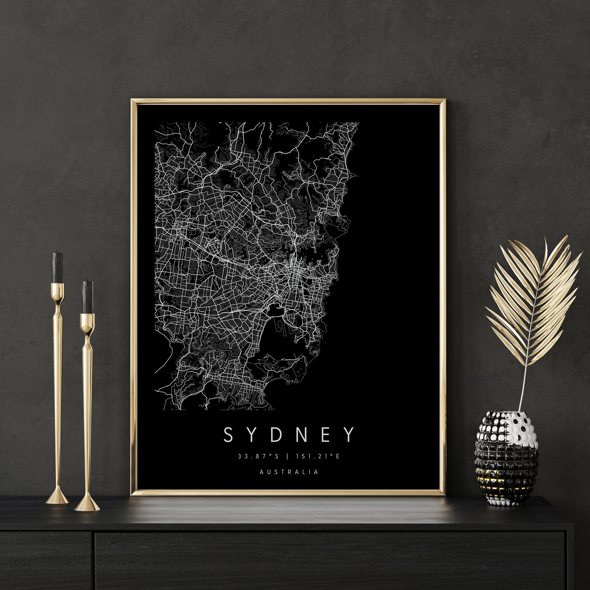 Sydney Australia, Digital Art Map, Digital Print Poster, Black and ...