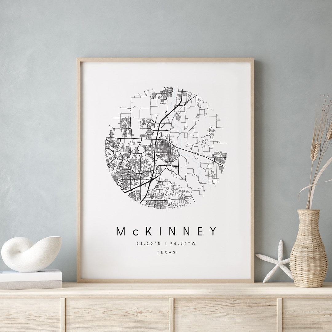 Mckinney Texas, Digital Art Map, Digital Print Poster, Blue and White ...