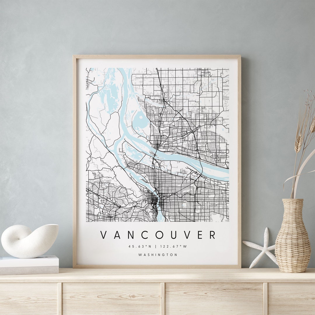 Vancouver Washington, Digital Art Map, Digital Print Poster, Blue and ...