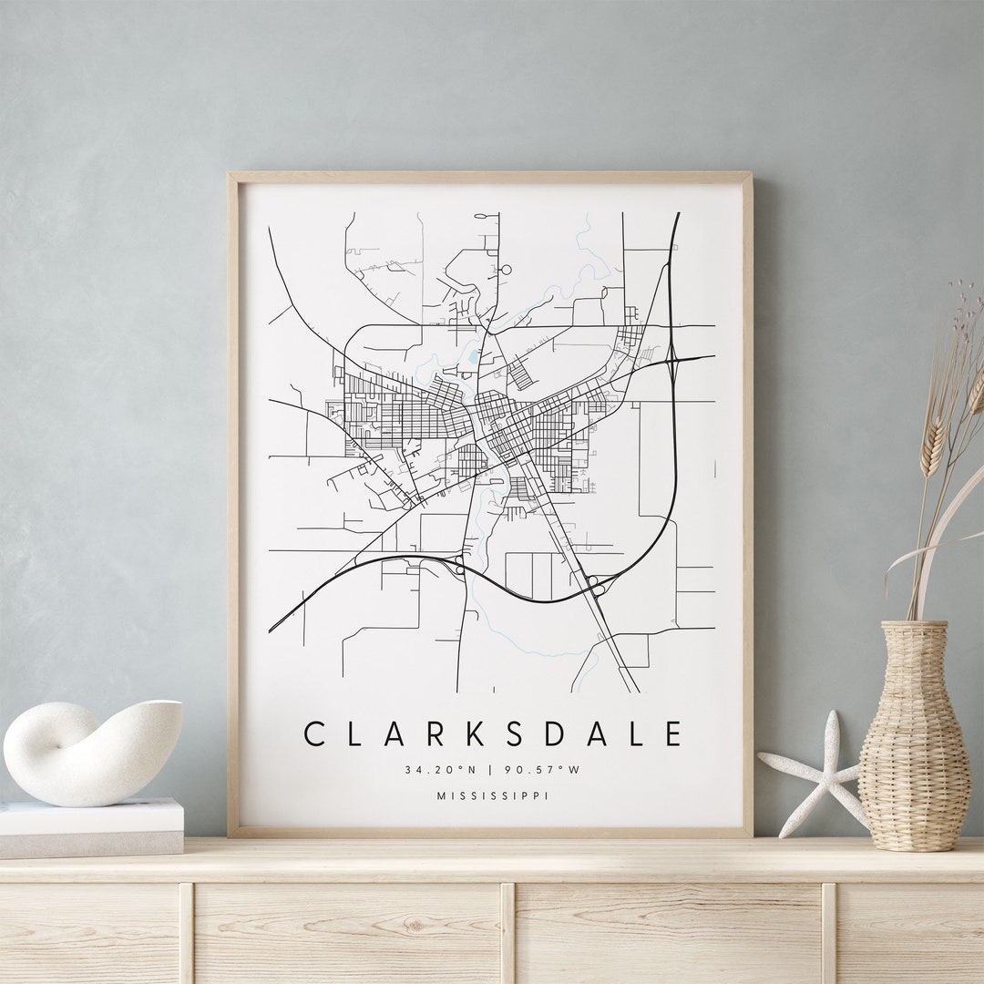 Clarksdale Mississippi, Digital Art Map, Digital Print Poster, Blue and ...