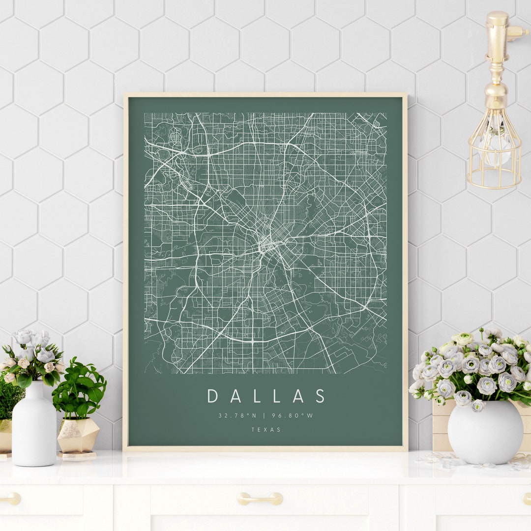 Dallas Texas, Digital Art Map, Digital Print Poster, Green and White ...
