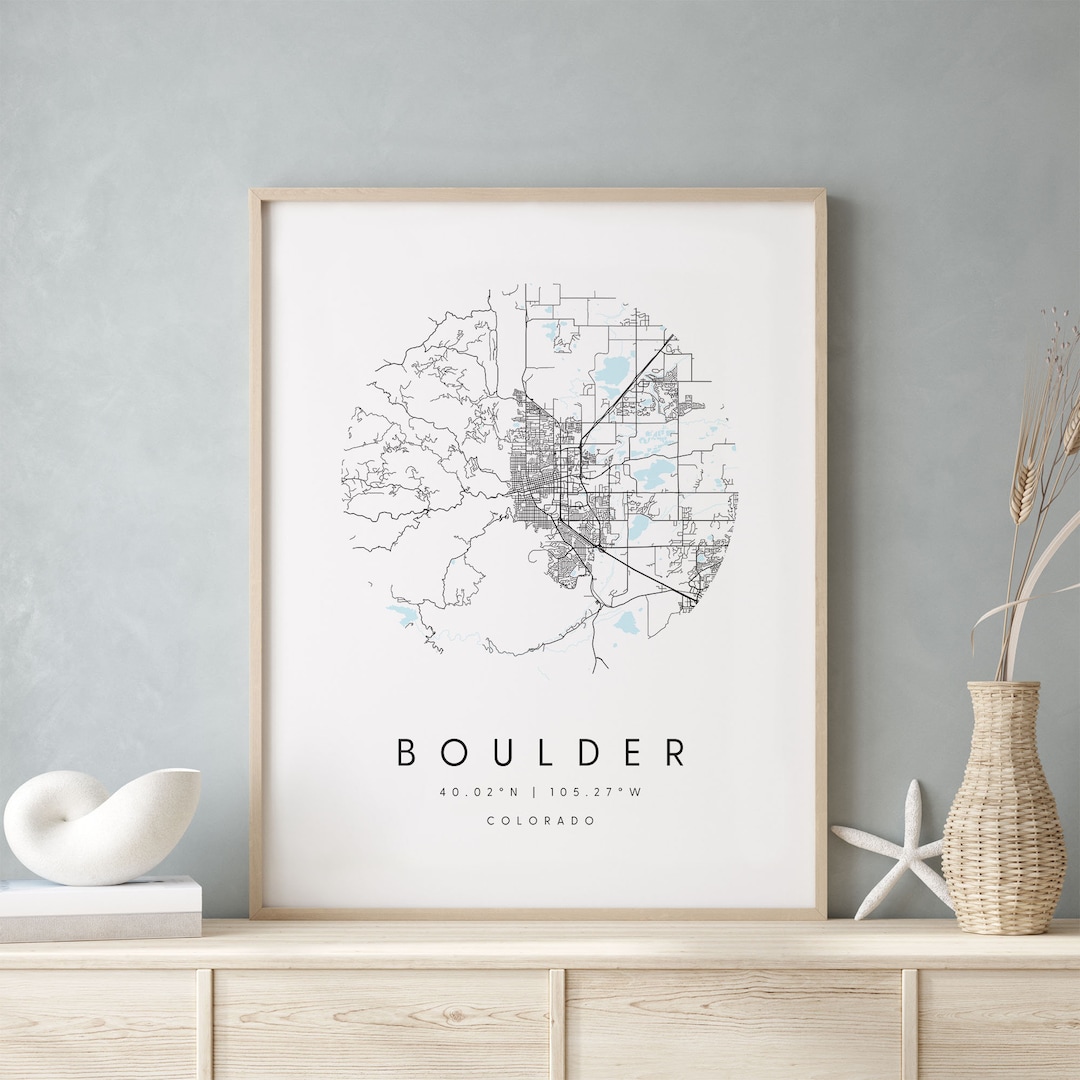 Boulder Colorado, Digital Art Map, Digital Print Poster, Blue and White ...