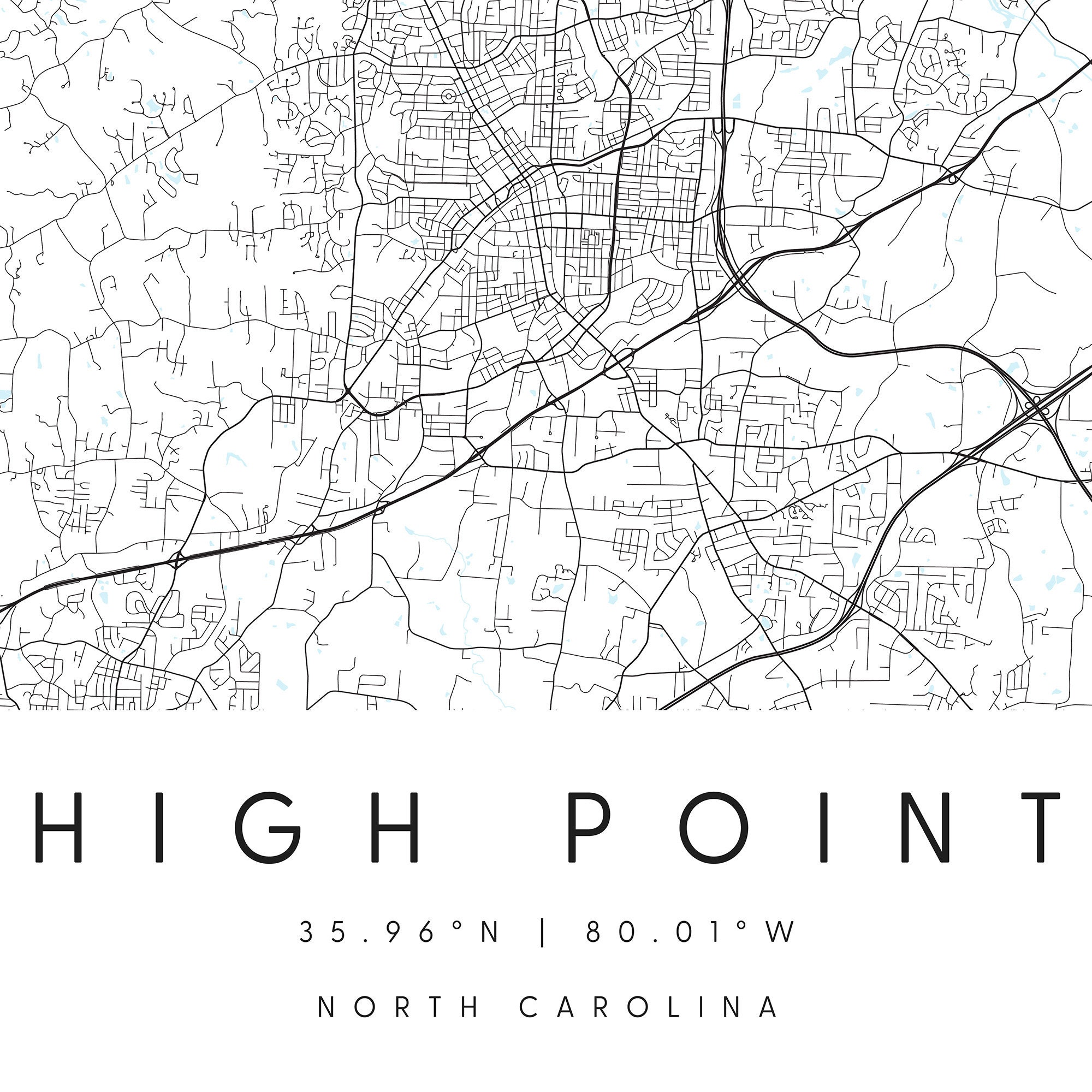 High Point Virginia, Printable City Map, Blue & White Wall Art, Modern ...
