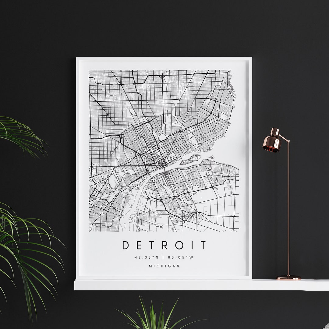 Detroit Michigan, Digital Art Map, Digital Print Poster, Black and ...