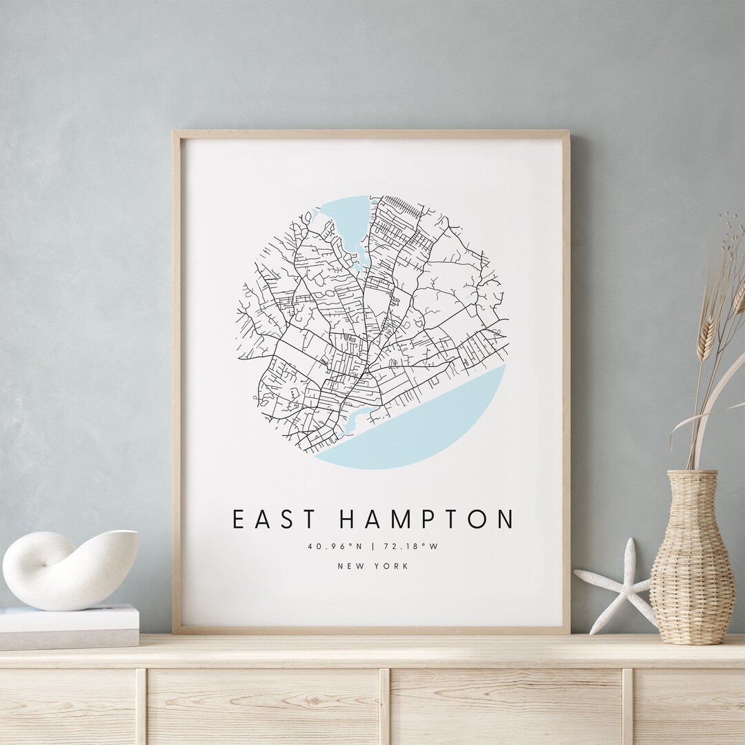 East Hampton New York, Digital Art Map, Digital Print Poster, Blue and ...