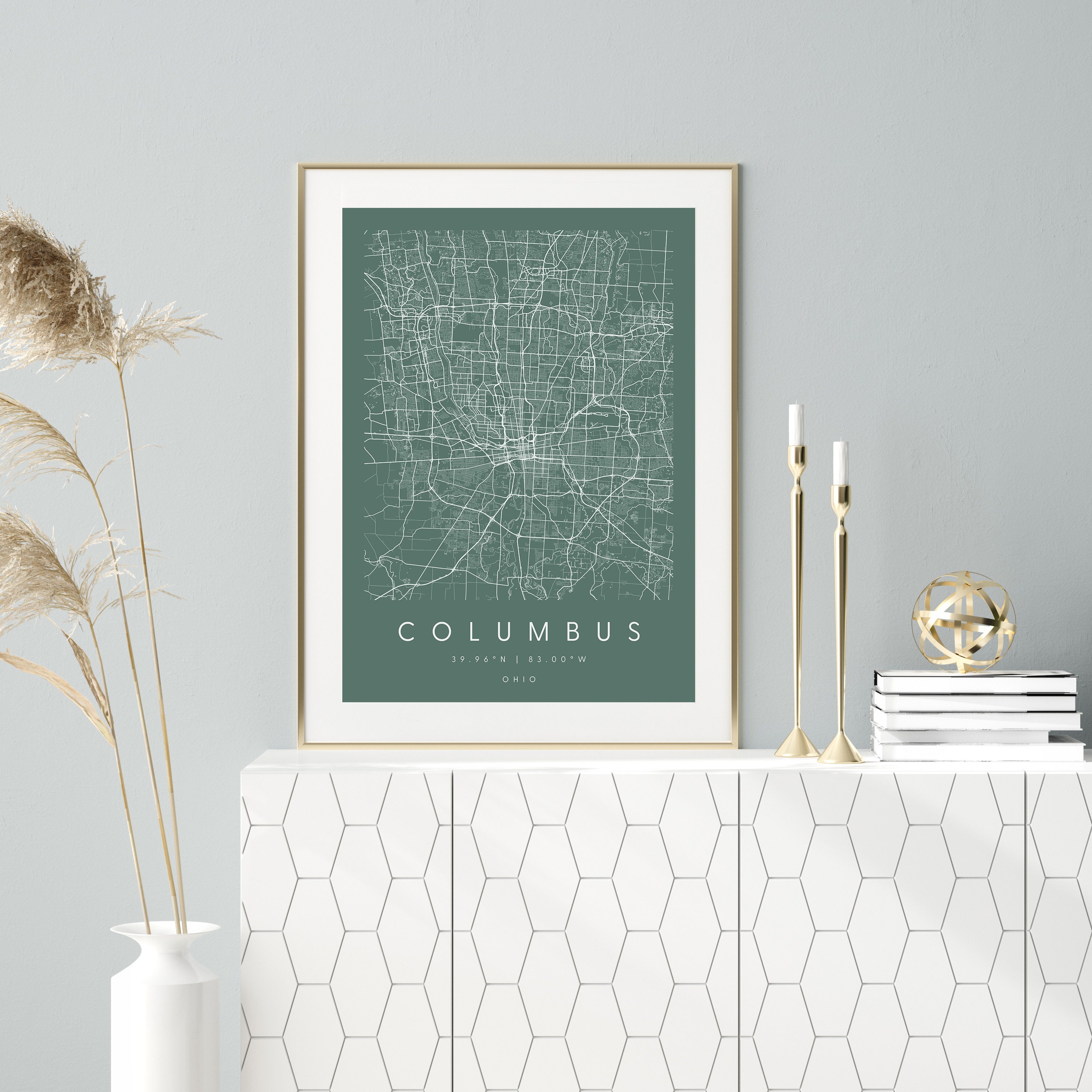 Columbus Ohio, Digital Art Map, Digital Print Poster, Green and White ...