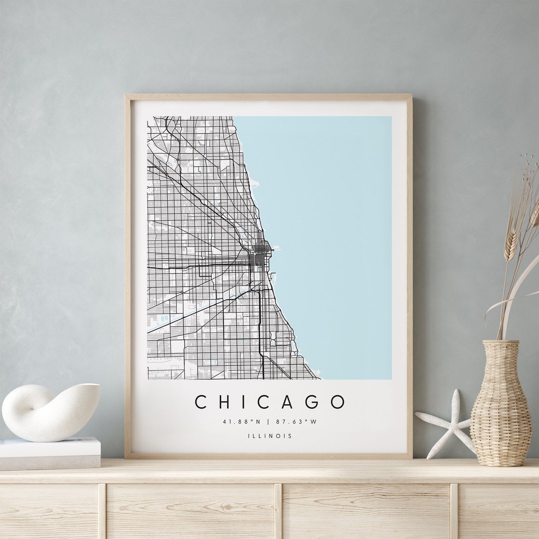 Chicago Illinois, Digital Art Map, Digital Print Poster, Blue and White ...