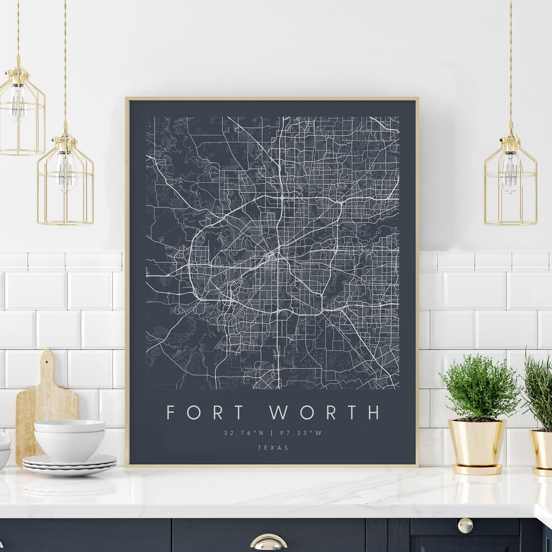 Fort Worth Texas, Digital Art Map, Digital Print Poster, Neutral Navy ...