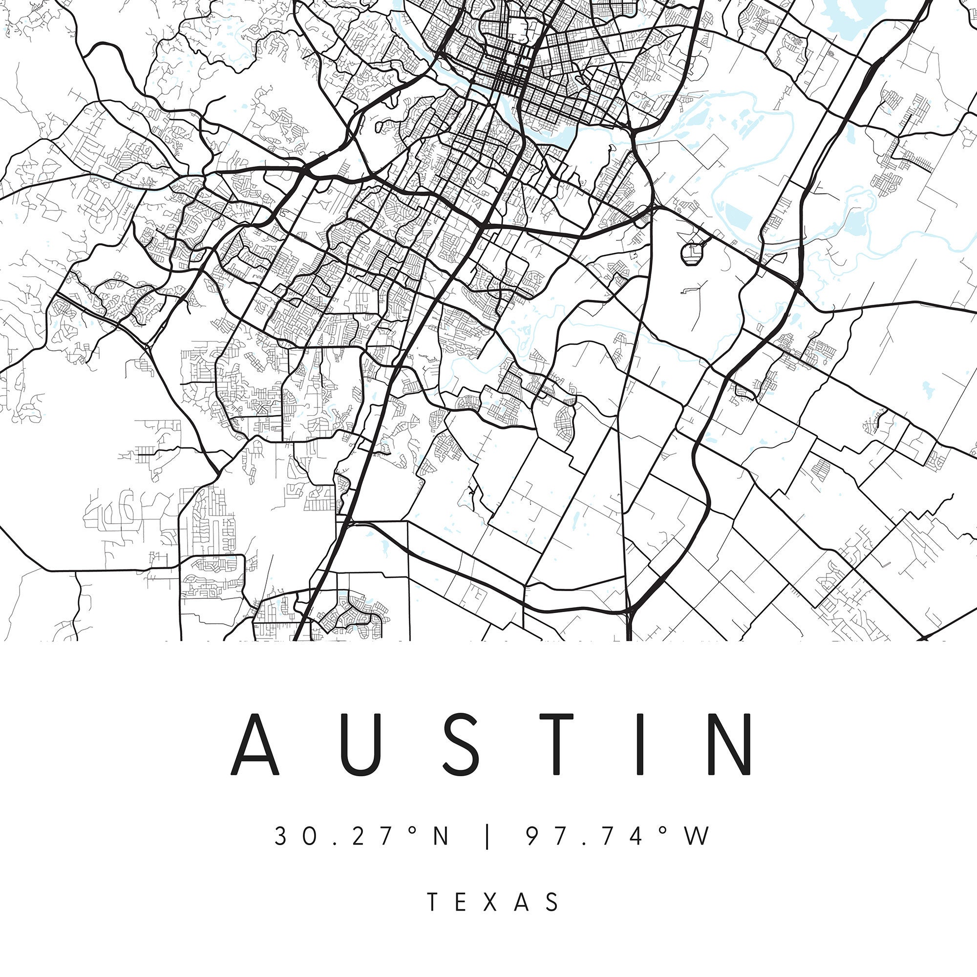 Austin Texas, Digital Art Map, Digital Print Poster, Blue and White ...