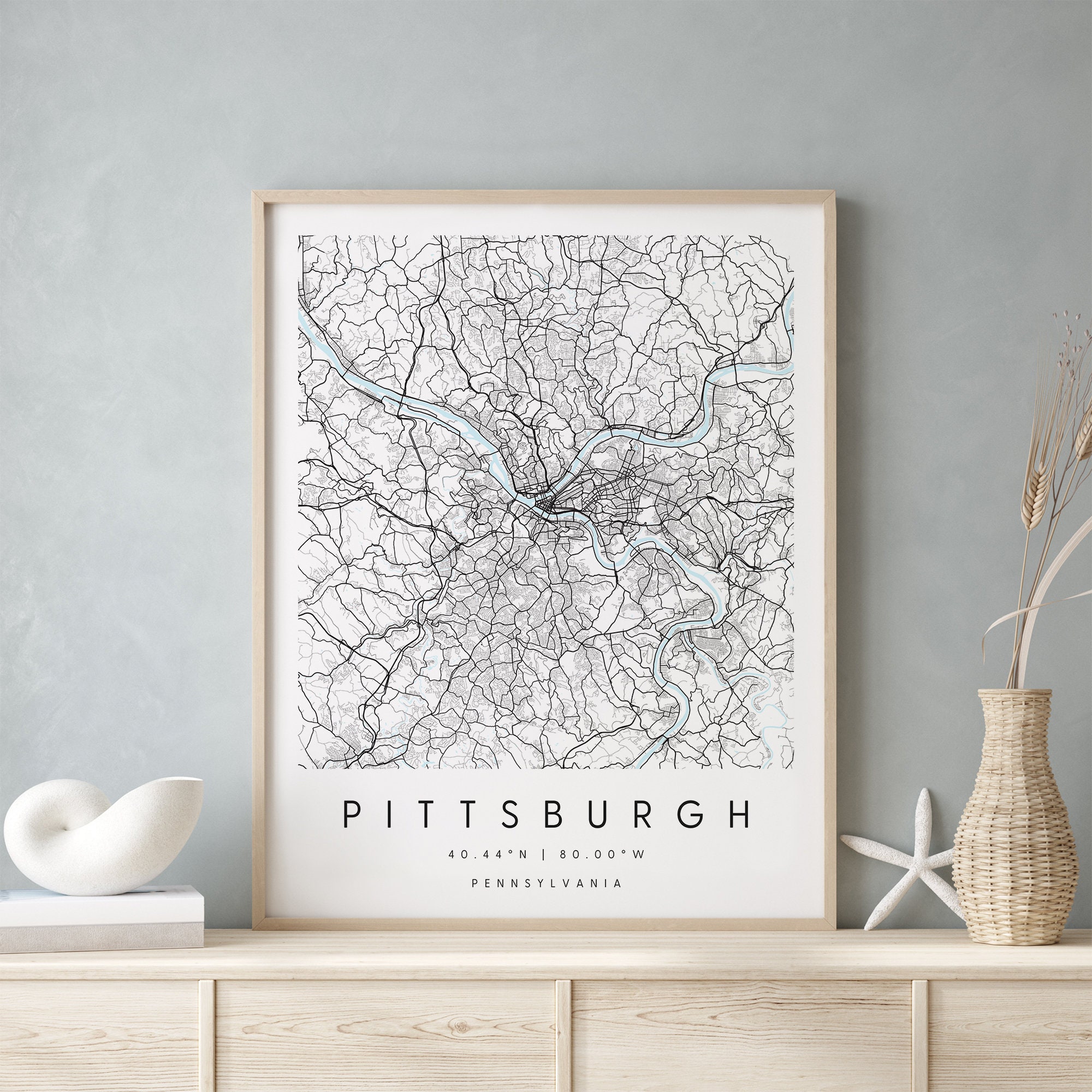 Pittsburgh Pennsylvania, Digital Art Map, Digital Print Poster, Blue ...