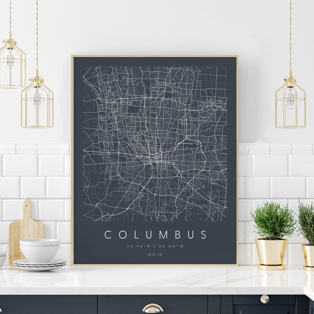 Columbus Ohio, Digital Art Map, Digital Print Poster, Neutral Navy and ...