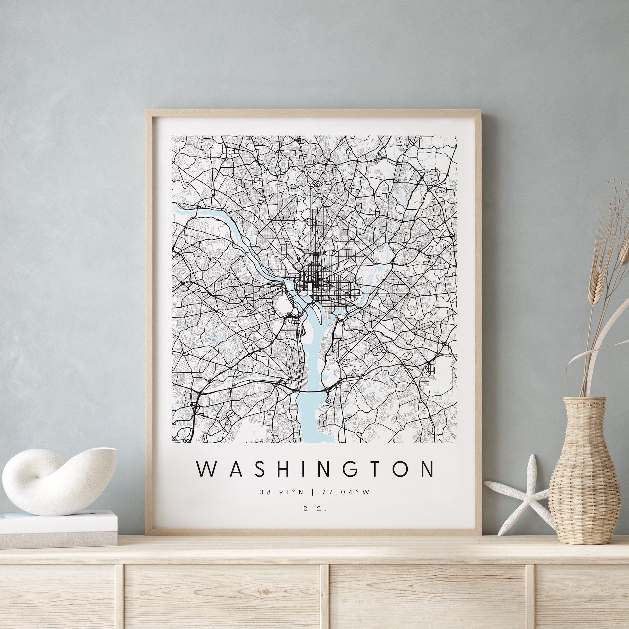 Washington DC, Digital Art Map, Digital Print Poster, Blue and White ...