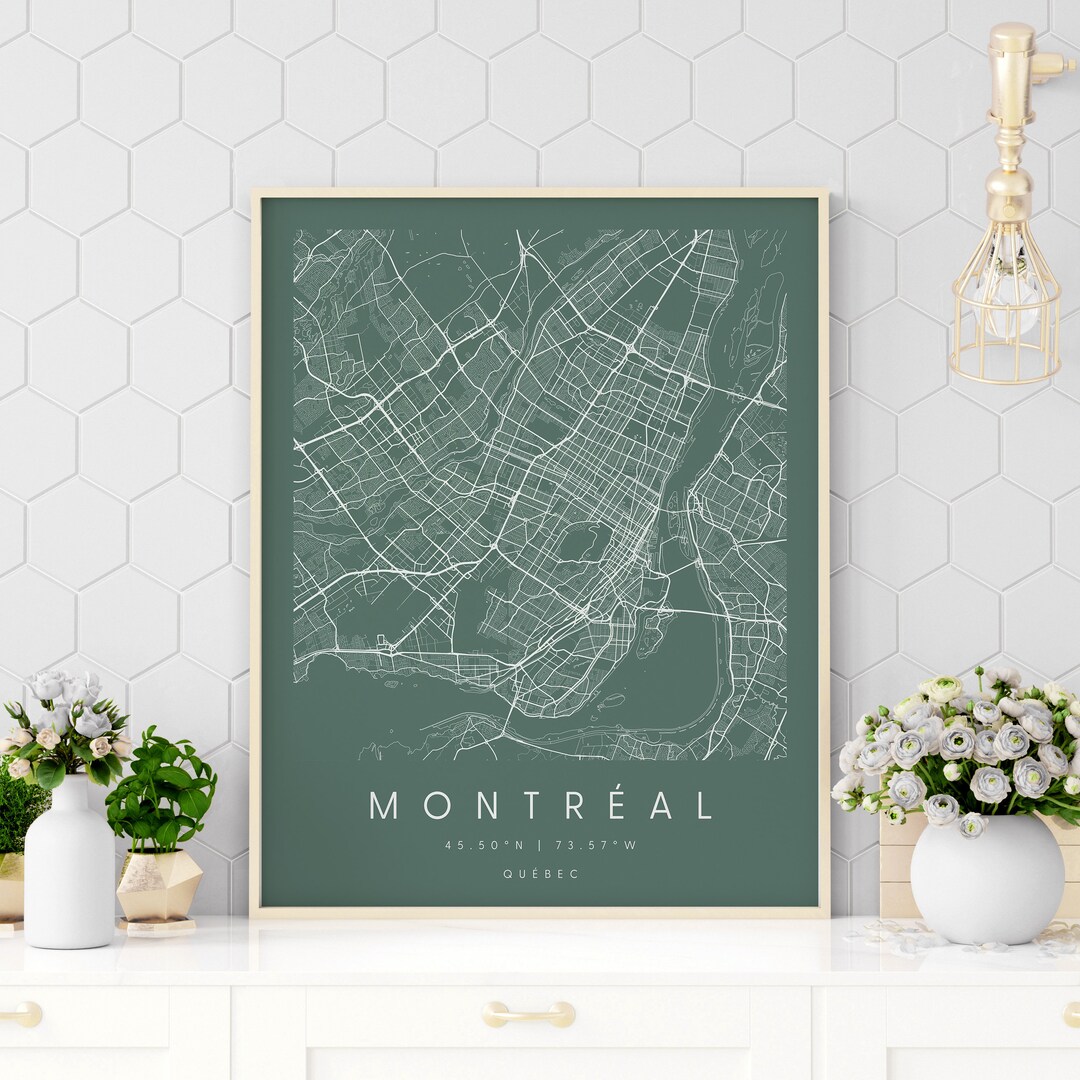 Montreal Quebec, Digital Art Map, Digital Print Poster, Green and White ...