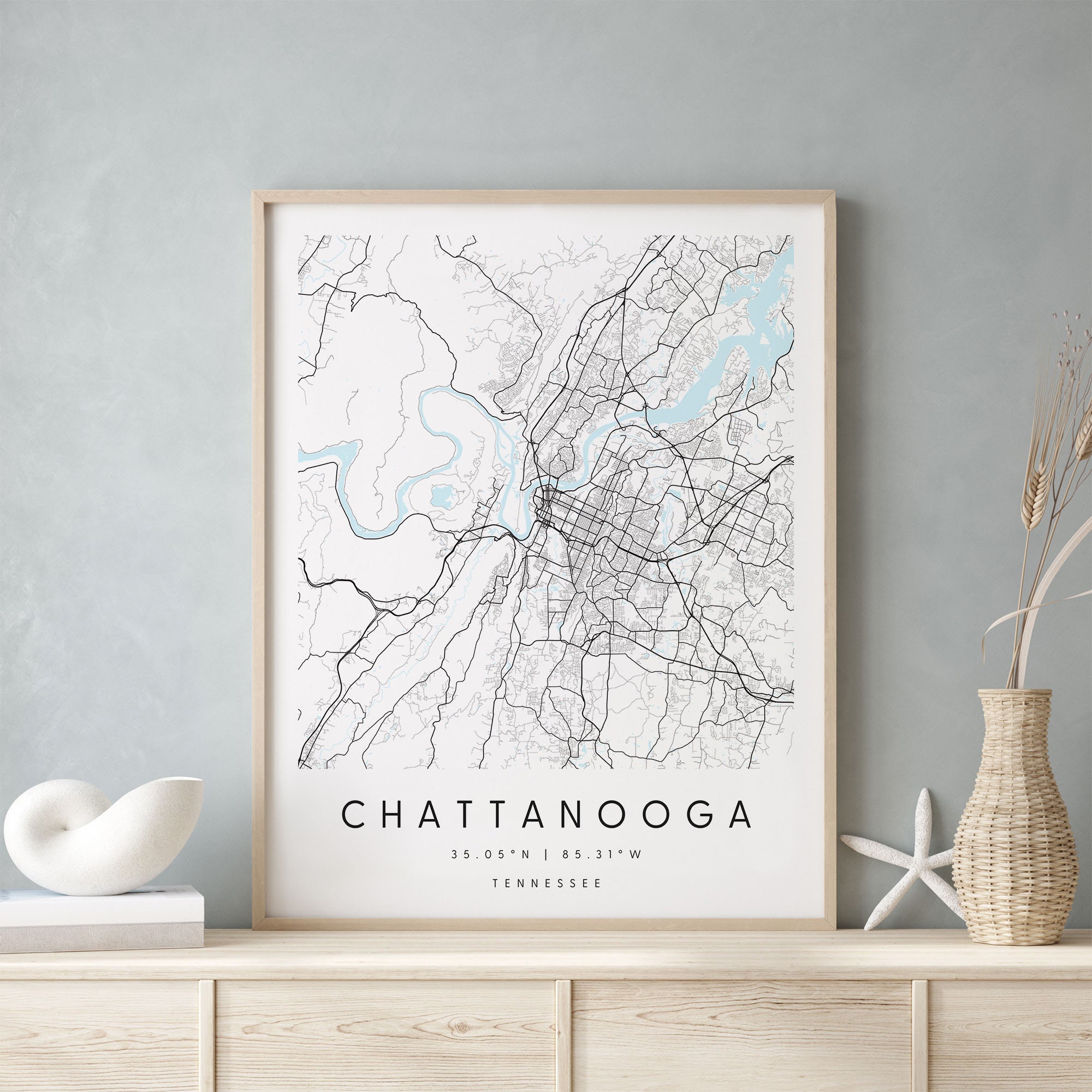 Chattanooga Tennessee, Digital Art Map, Digital Print Poster, Blue and ...