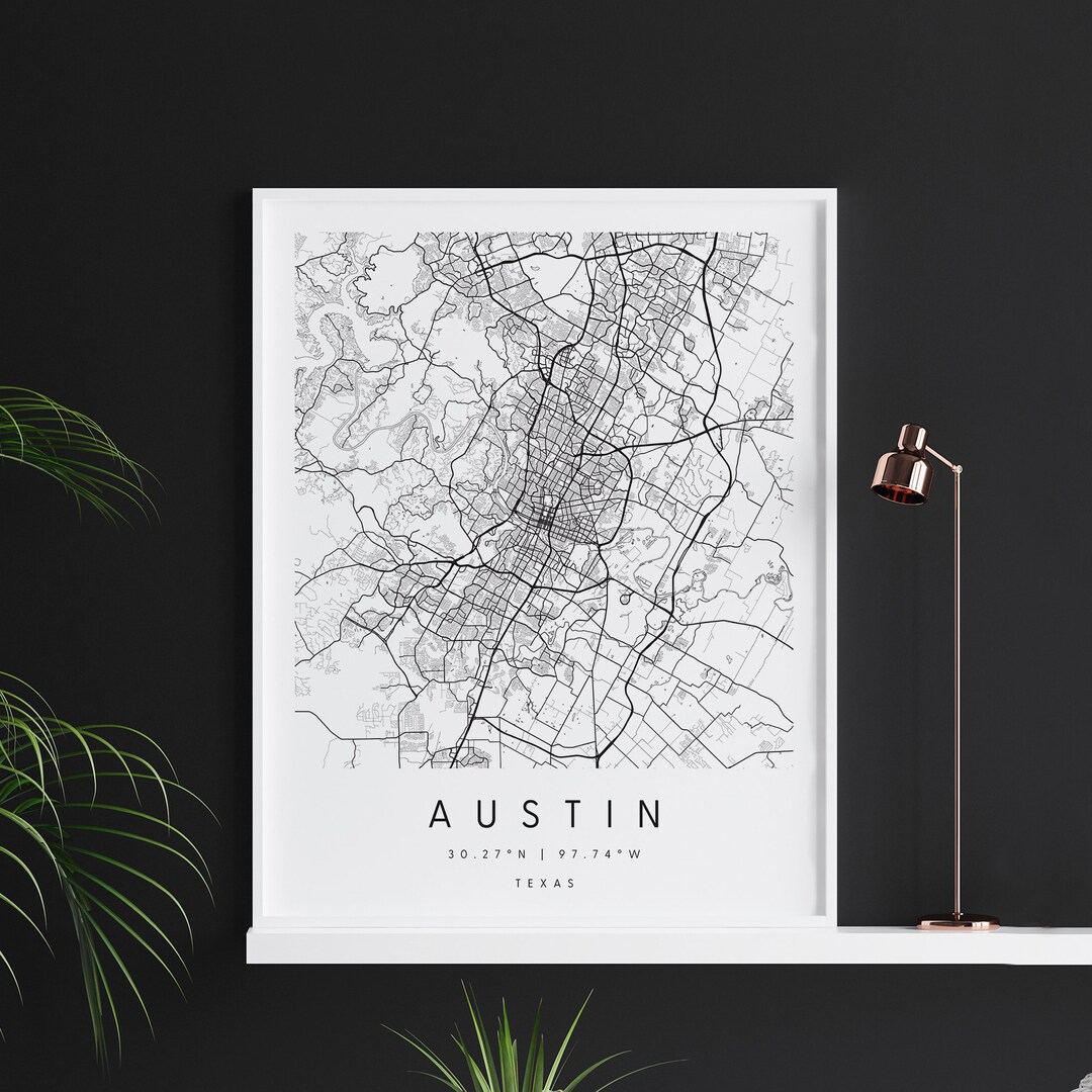 Austin Texas, Digital Art Map, Digital Print Poster, Black and White ...