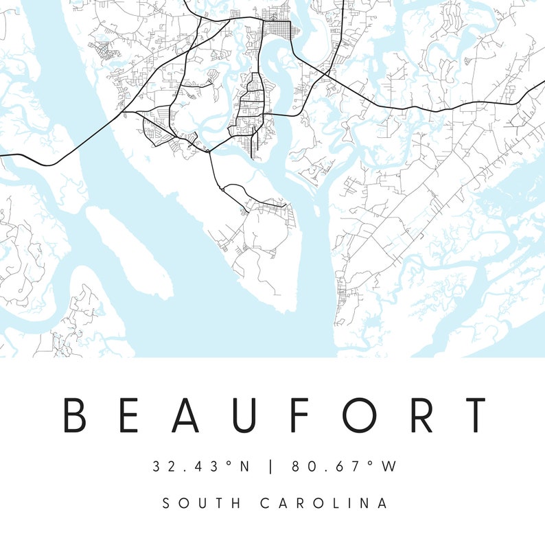 Beaufort South Carolina, Digital Art Map, Digital Print Poster, Blue ...