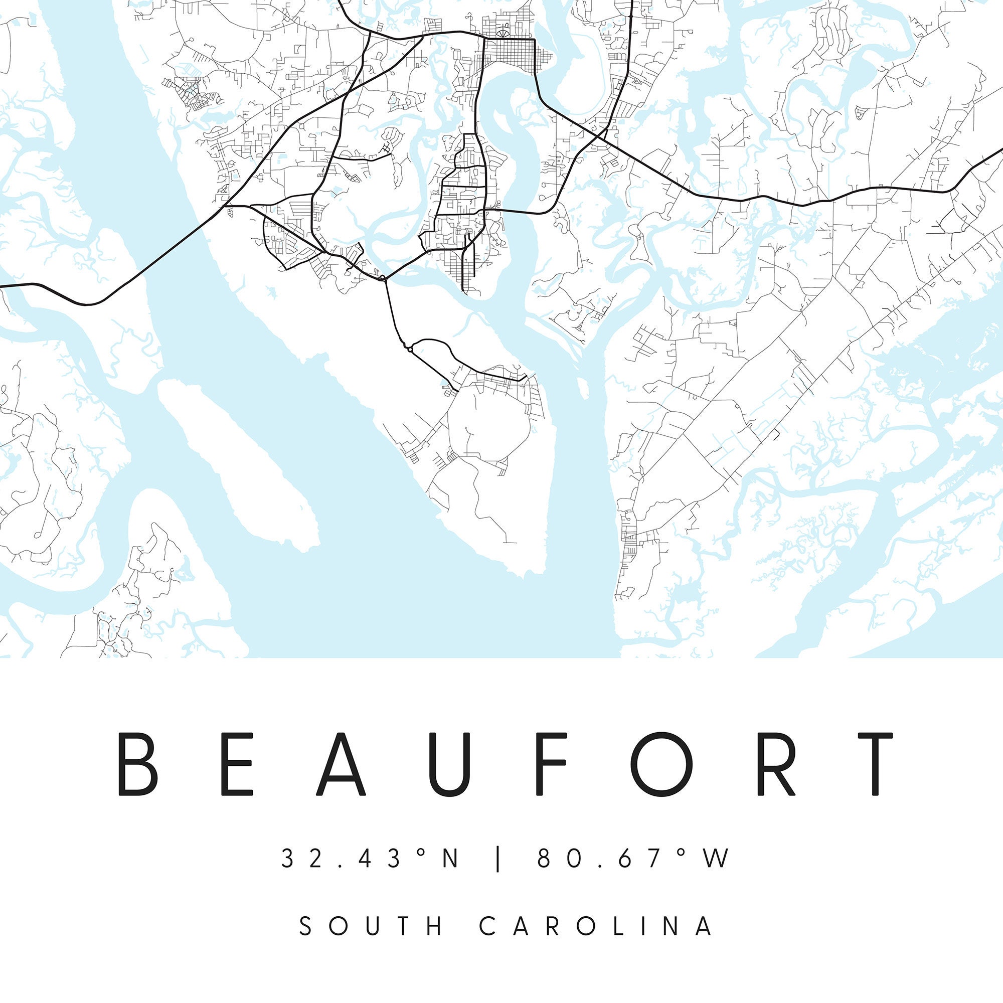 Beaufort South Carolina, Digital Art Map, Digital Print Poster, Blue ...