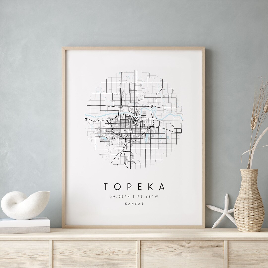 Topeka Kansas, Digital Art Map, Digital Print Poster, Blue and White ...
