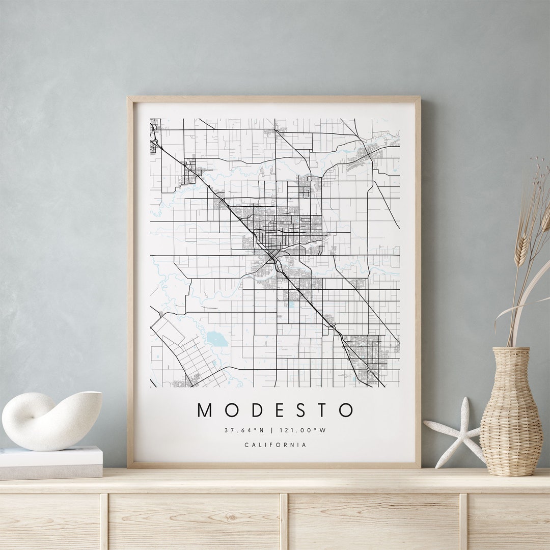 Modesto California, Digital Art Map, Digital Print Poster, Blue and ...