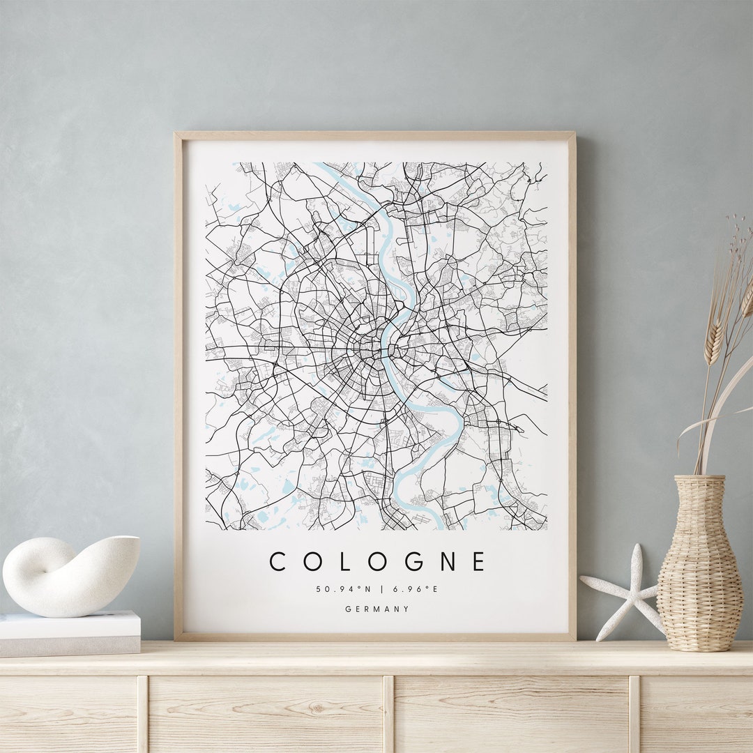 Cologne Germany, Printable City Map, Blue & White Wall Art, Modern Map ...