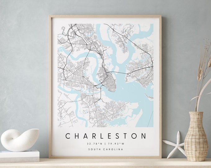 Charleston Map Art Print Hand Painted Wall Art Map Design Charleston ...