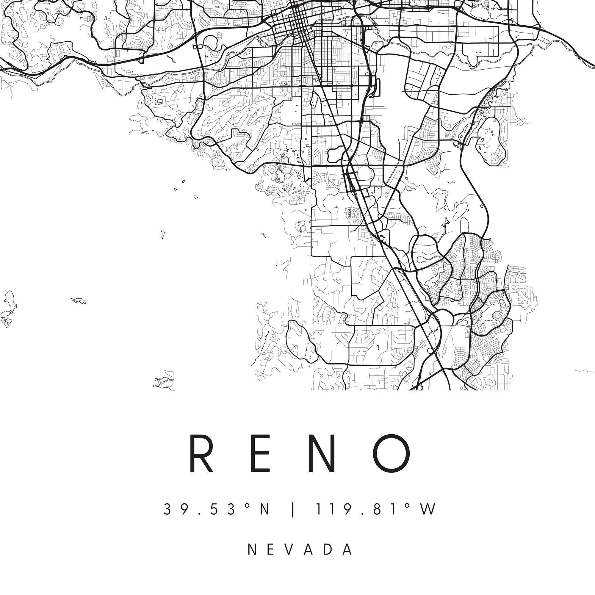 Reno Nevada Digital Art Map Digital Print Poster Black and - Etsy