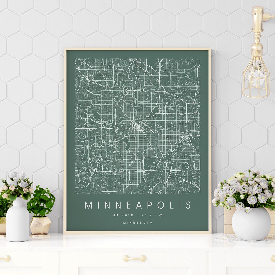 Minneapolis Minnesota, Digital Art Map, Digital Print Poster, Green and ...