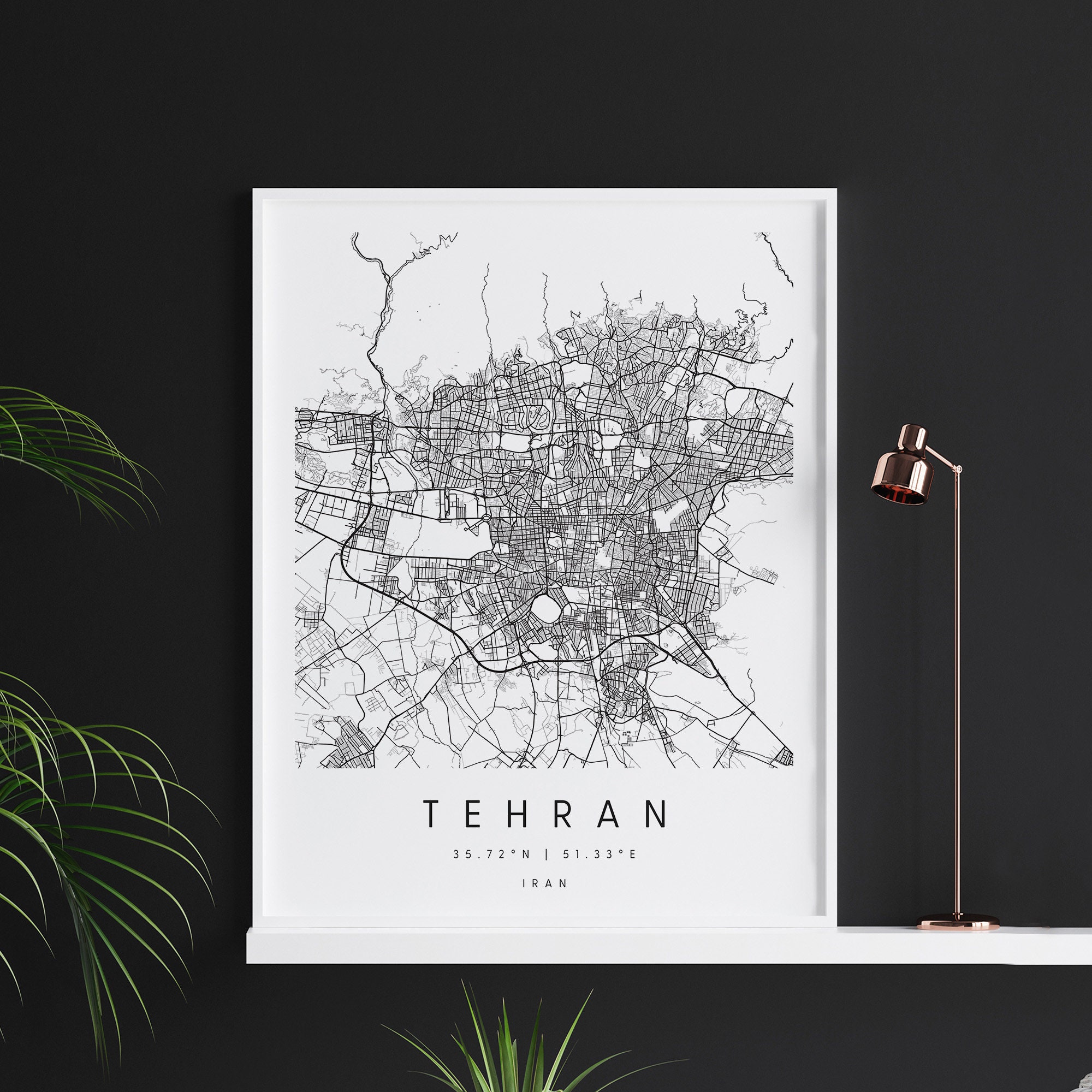 Tehran Iran, Digital Art Map, Digital Print Poster, Black and White ...