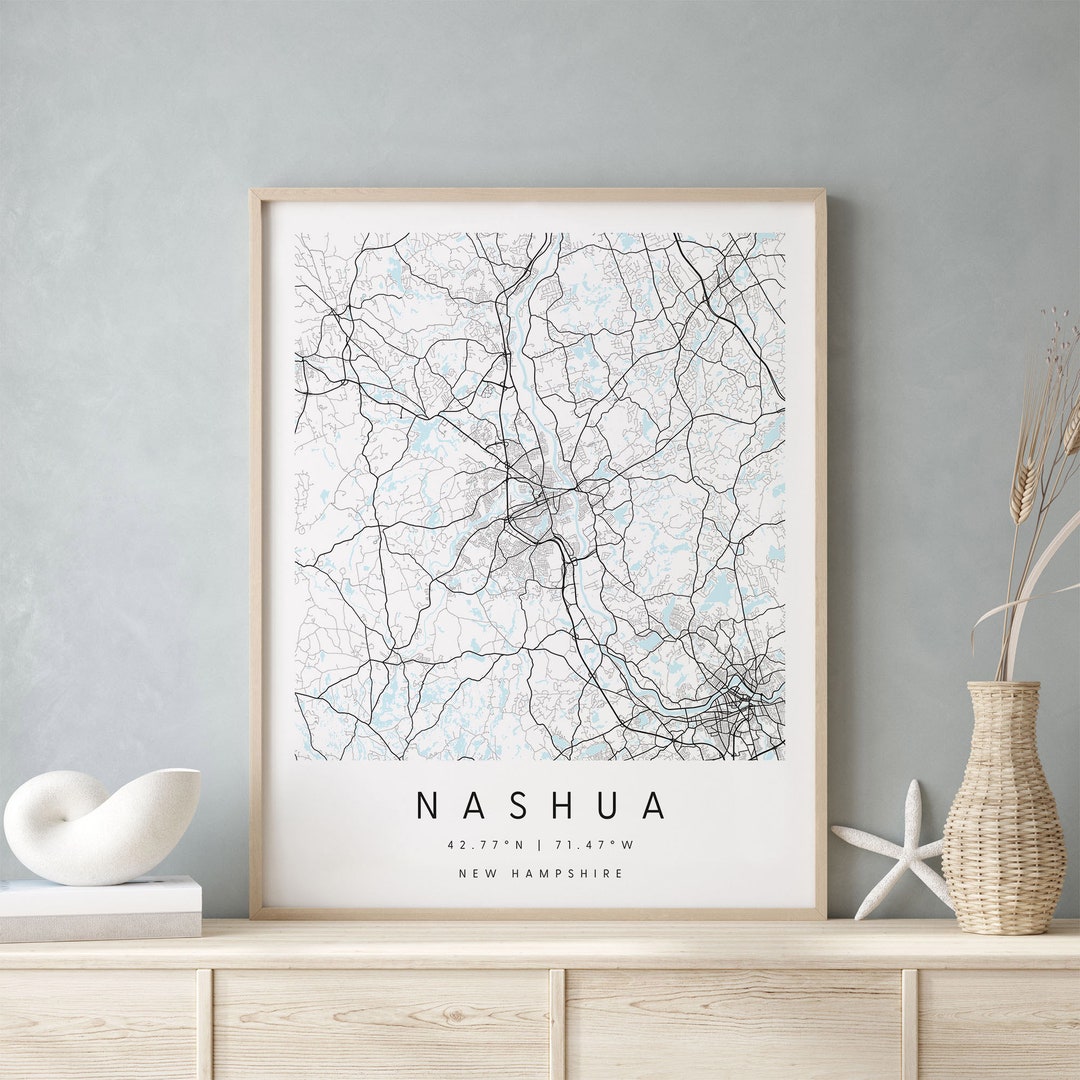Nashua New Hampshire, Printable City Map, Blue & White Wall Art, Modern ...
