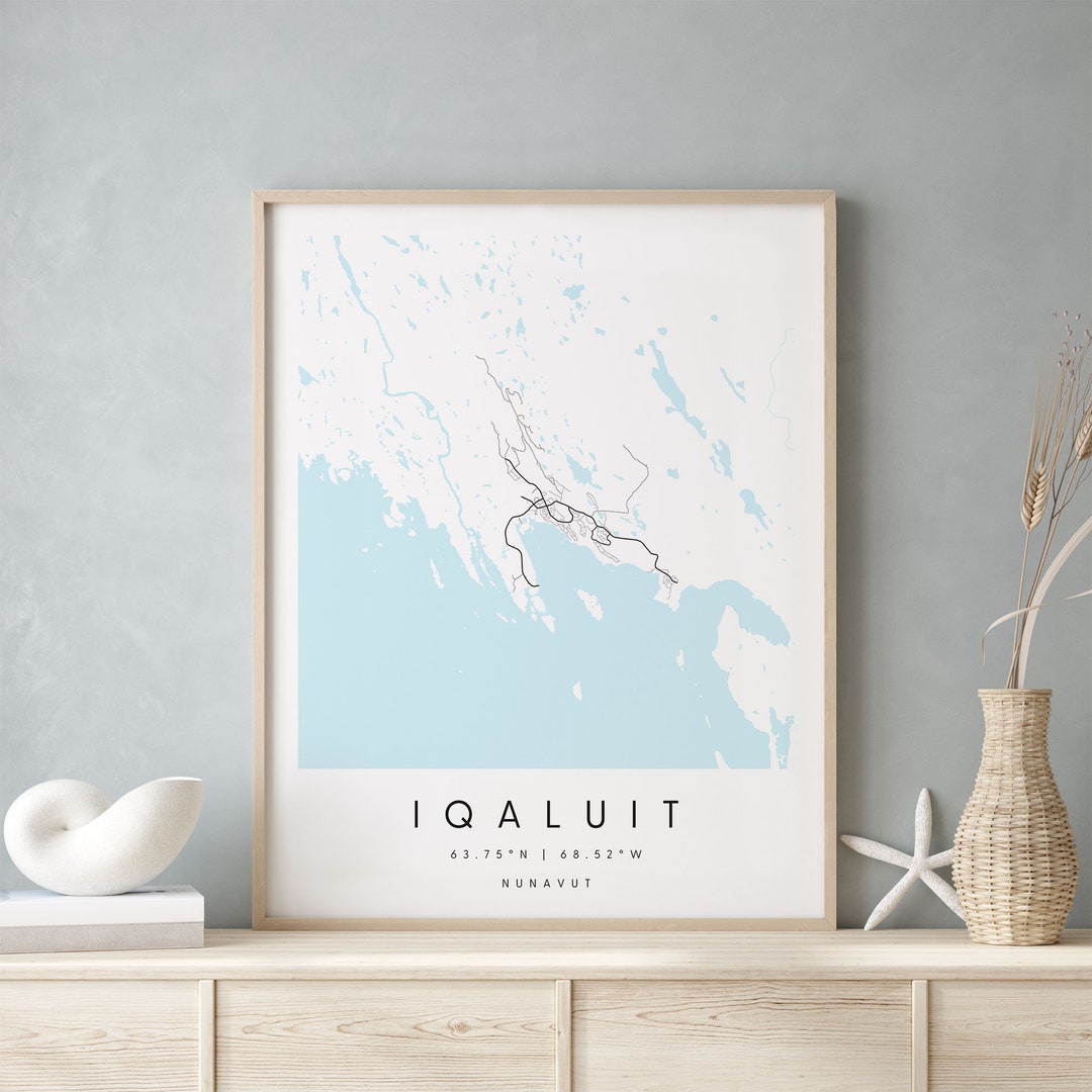 Iqaluit Nunavut, Digital Art Map, Digital Print Poster, Blue and White ...