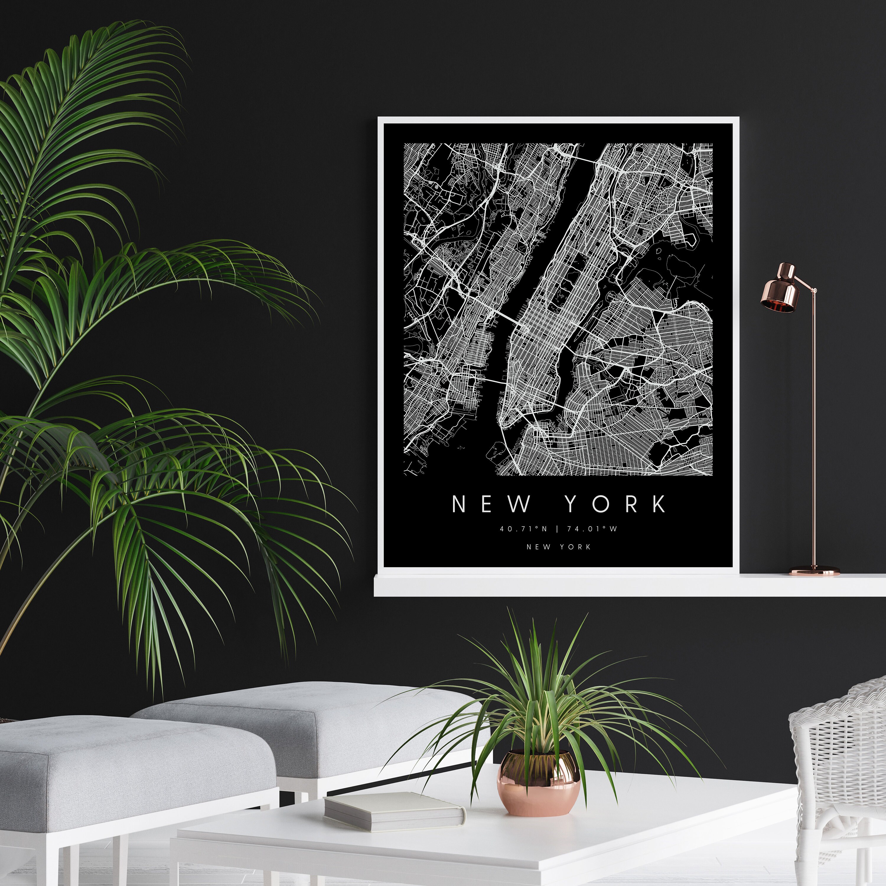 New York Manhattan, Digital Art Map, Digital Print Poster, Black and ...