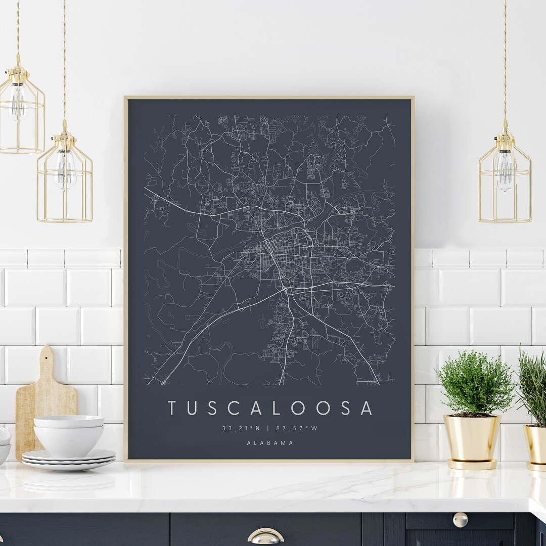 Tuscaloosa Alabama, Digital Art Map, Digital Print Poster, Neutral Navy ...
