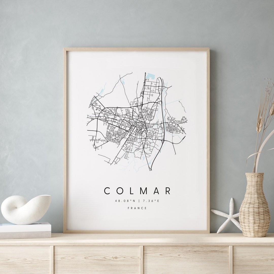 Colmar France, Digital Art Map, Digital Print Poster, Blue and White ...