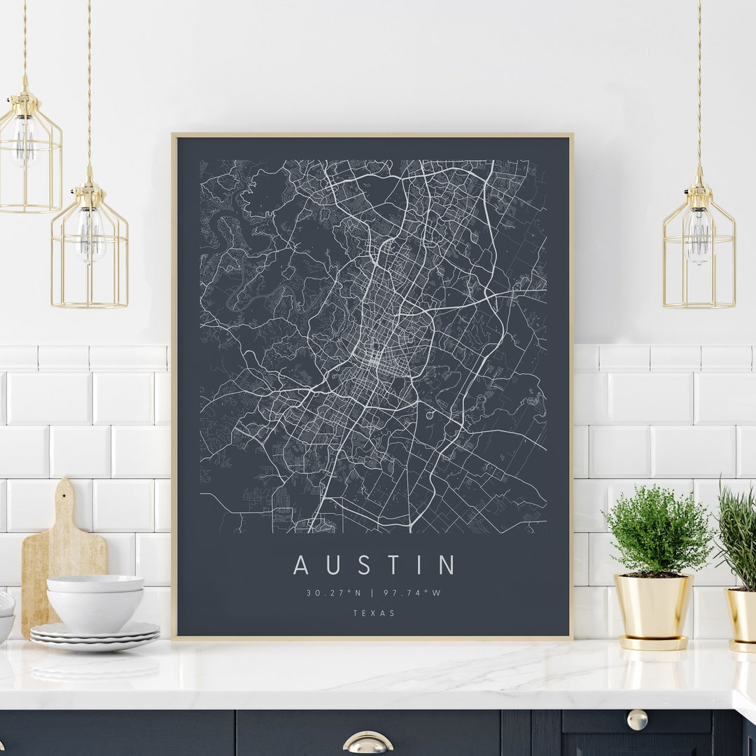 Austin Texas, Digital Art Map, Digital Print Poster, Neutral Navy and ...