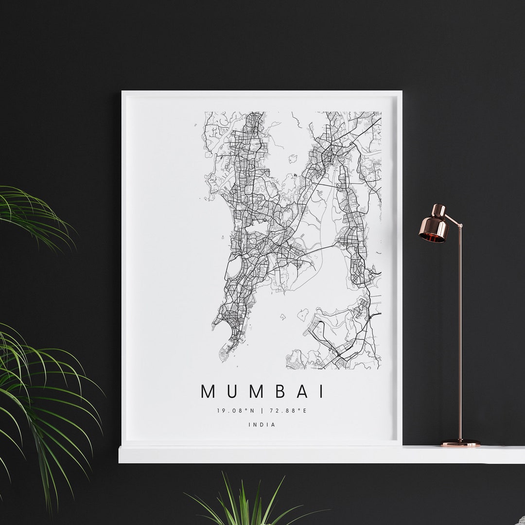 Mumbai India, Digital Art Map, Digital Print Poster, Black and White ...