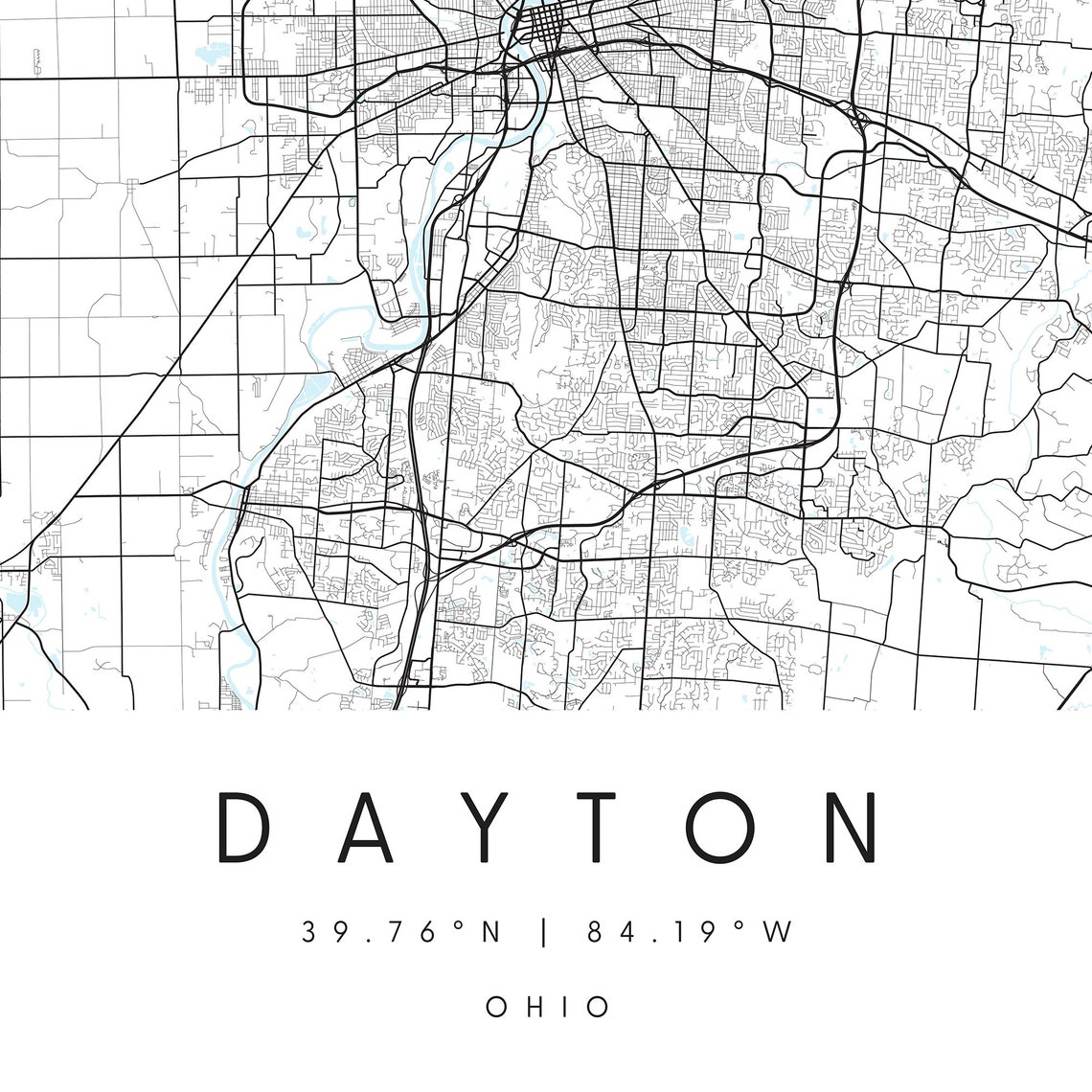 Dayton Ohio Digital Art Map Digital Print Poster Blue and - Etsy