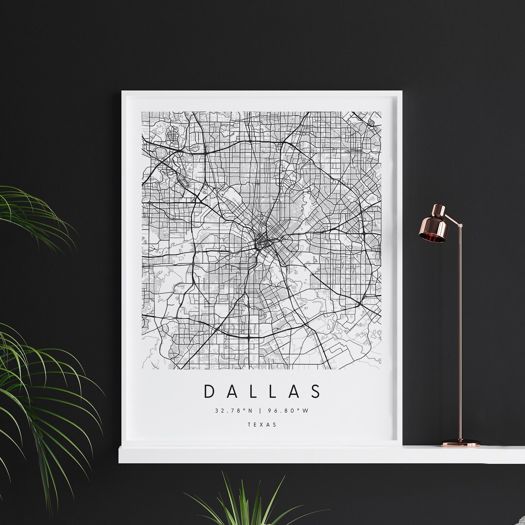 Dallas Texas, Digital Art Map, Digital Print Poster, Black and White ...