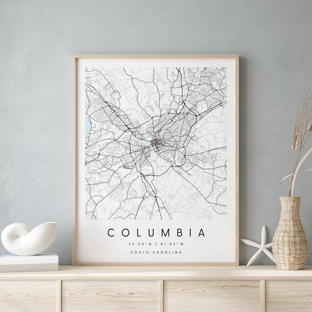 Columbia South Carolina, Digital Art Map, Digital Print Poster, Blue ...