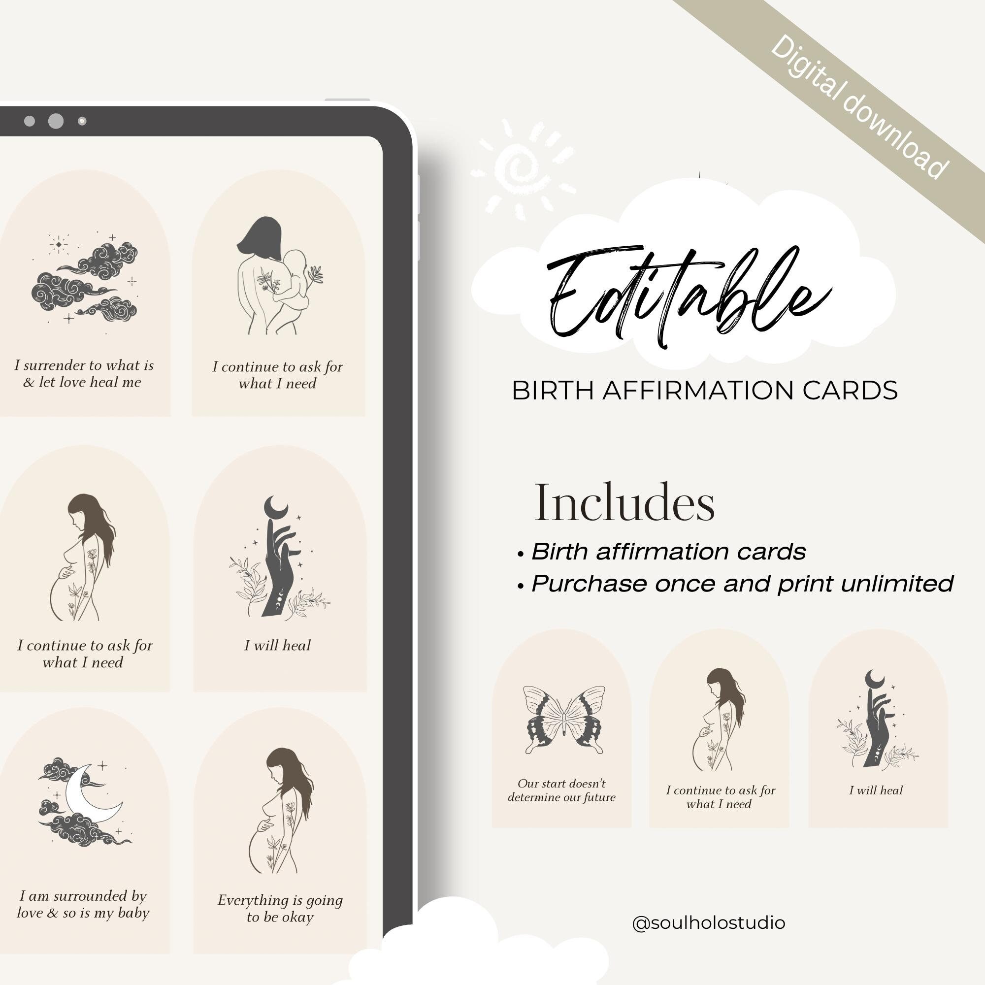 Editable Birth Affirmations Templates, Custom Birth Mantra Cards ...