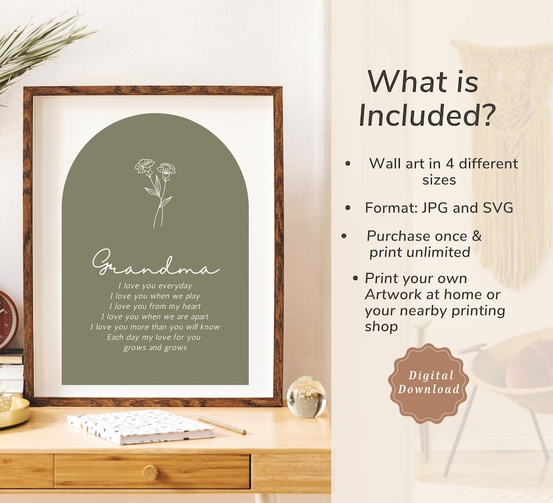 Grandma Saying Wall Decor, Digital Download Art, Minimal Floral Wall ...