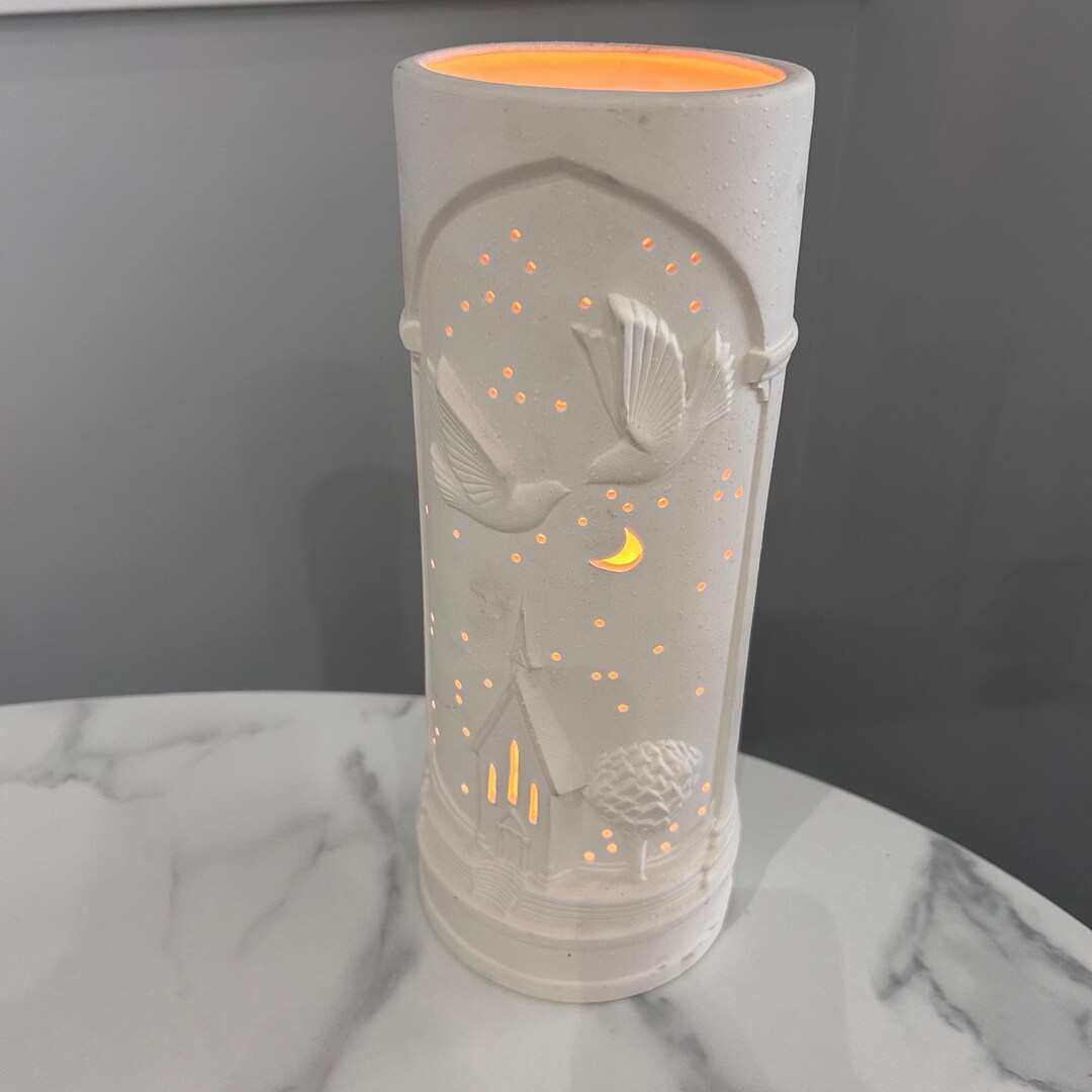Vintage White Ceramic Cut Out Lamp, Winter House Scene, Accent, Glow ...