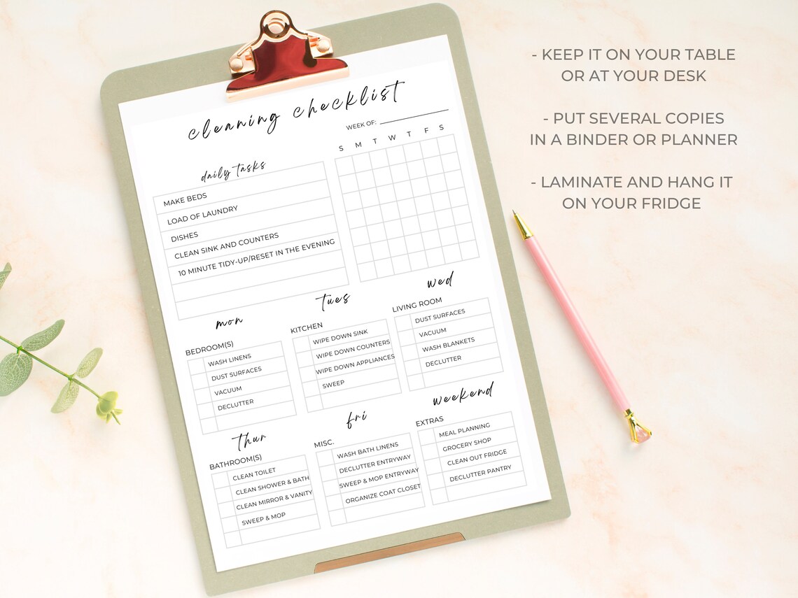 Minimalist Cleaning Checklist Template Weekly Cleaning - Etsy