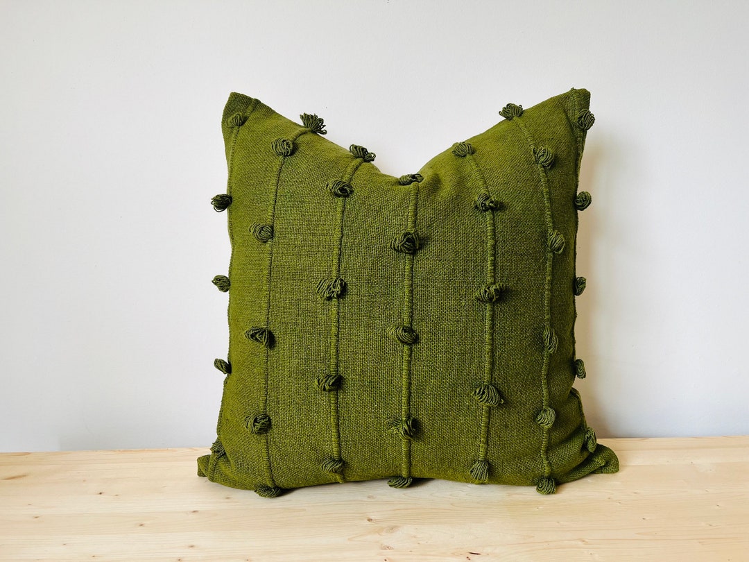ROSHAN || Olive Green Forest Green Pillow Hand Loom Woven Chunky Loops ...