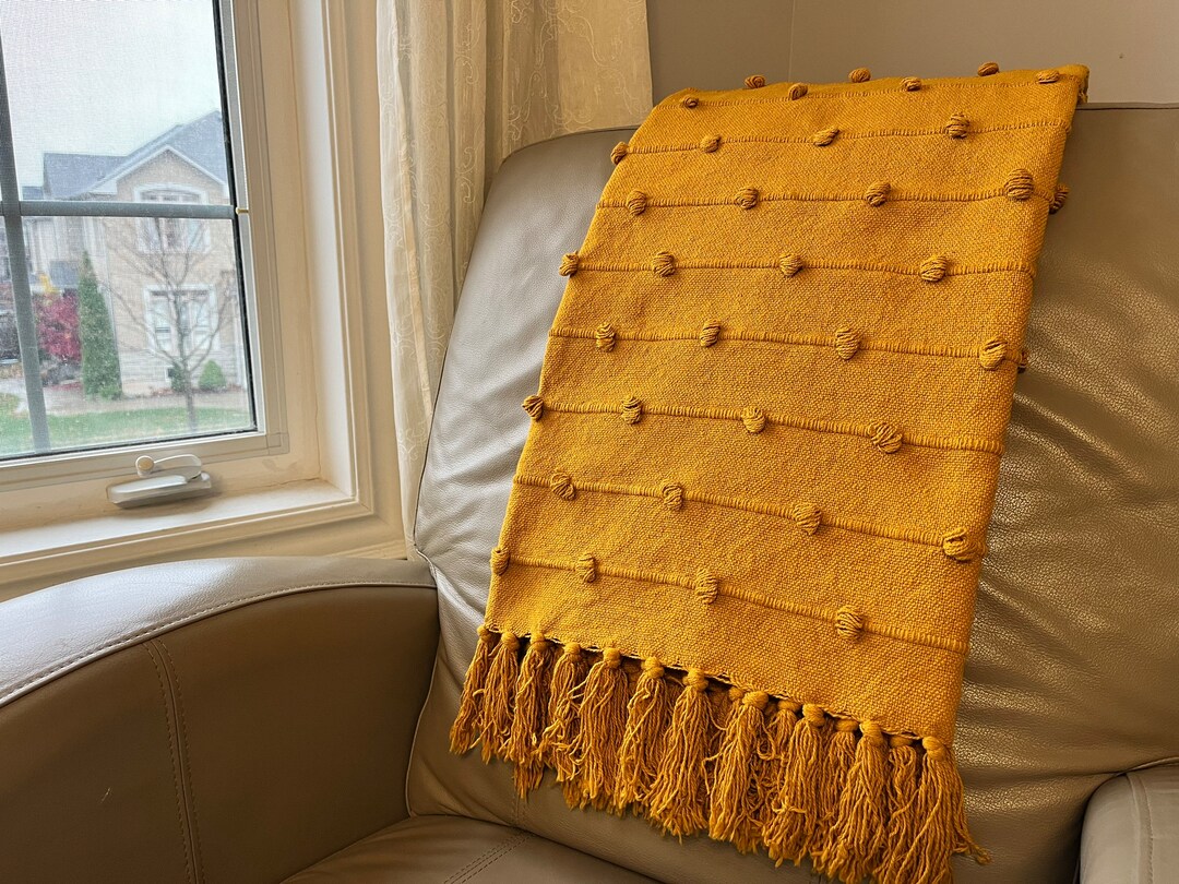 SUNNY || Mustard Yellow Loops Hand Loom Chunky Woven Sofa Throw ...