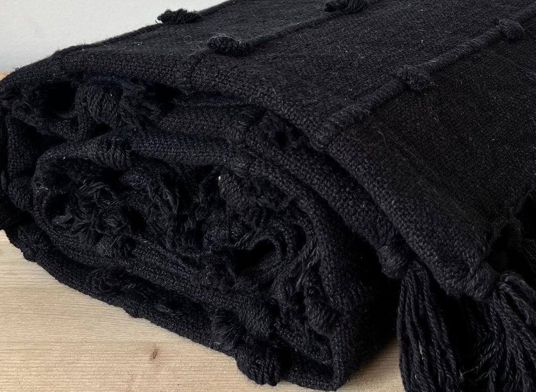 PREM || Black Throw Black Masculine Throw Loops Hand Loom Chunky Woven ...