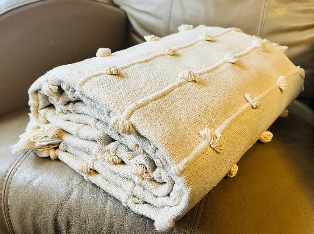GRACE || Ivory off White Neutral Loops Hand Loom Chunky Woven Sofa Throw Blankets Decorative ...