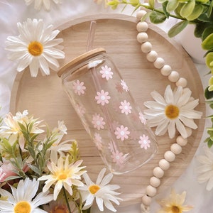 Daisy Iced Coffee Glass Cup Spring Floral Glass Cup With Bamboo Lid and ...