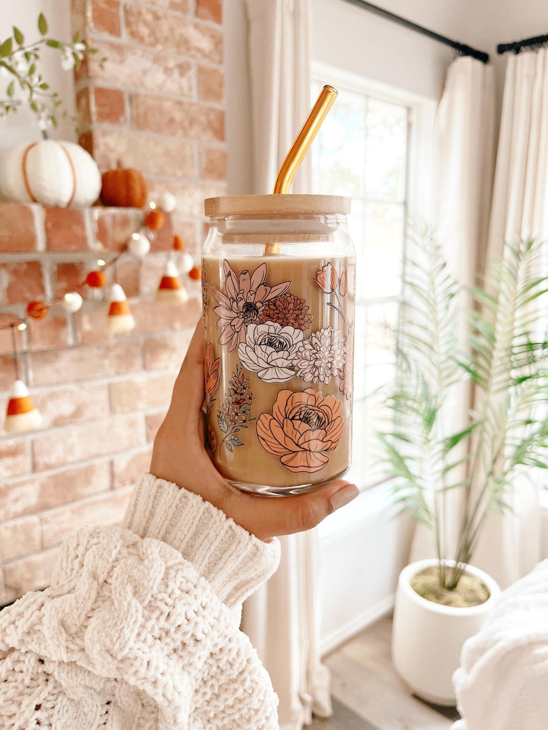 Fall Florals Iced Coffee Glass Cup | Halloween Glass Cup With Bamboo ...