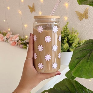 Daisy Iced Coffee Glass Cup | Spring Floral Glass Cup With Bamboo Lid ...