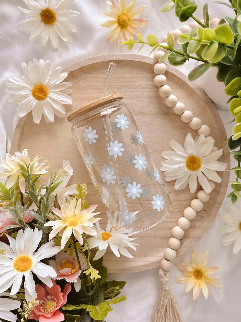 Daisy Iced Coffee Glass Cup Spring Floral Glass Cup With - Etsy